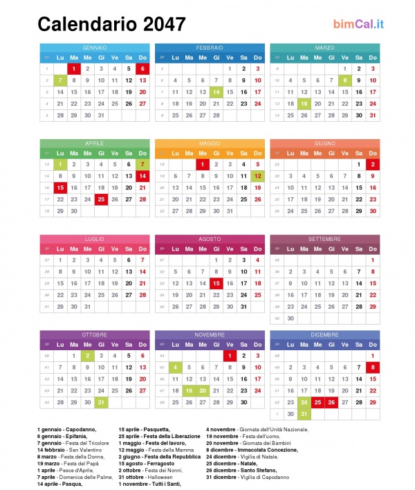 Calendario 2047 Italia - bimCal.it